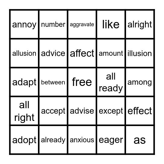 Commonly Confused Words Bingo Card