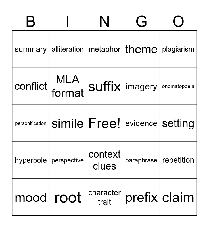 7th grade ELA Must Know Terms Bingo Card