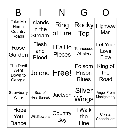 Country Music Bingo Card