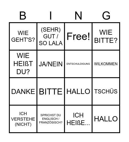 GERMAN BASICS PHRASES Bingo Card