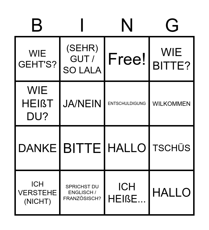 GERMAN BASICS PHRASES Bingo Card