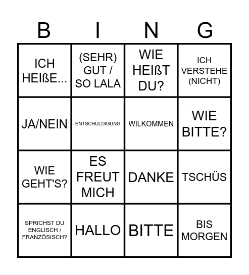 GERMAN BASICS PHRASES Bingo Card