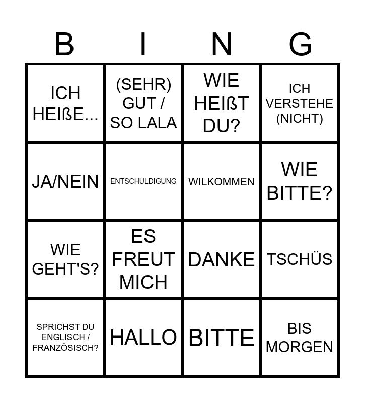 GERMAN BASICS PHRASES Bingo Card