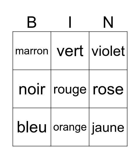 Couleurs Bingo Card