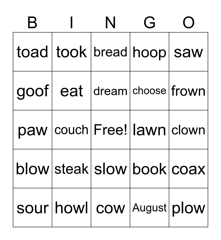 Diphthongs Bingo Card