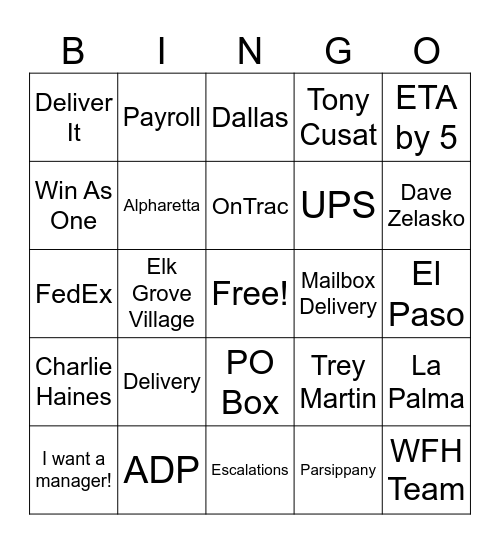 Delivery Services Bingo Card