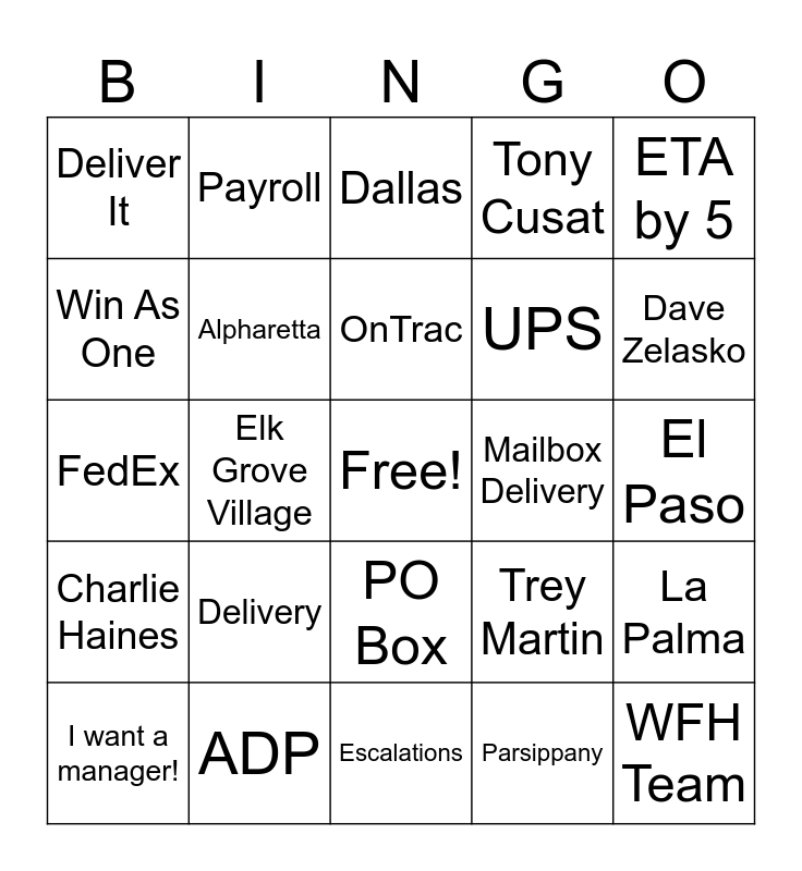 Delivery Services Bingo Card