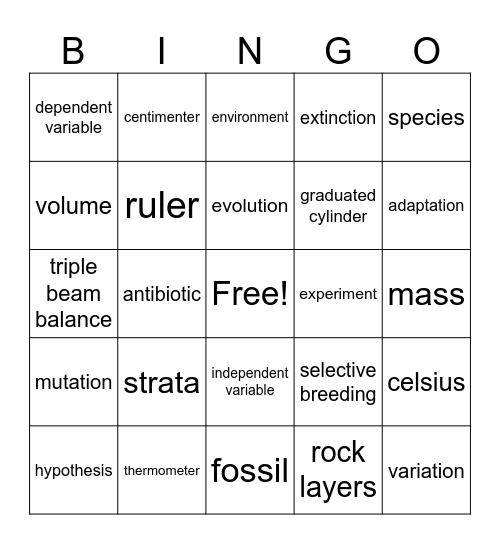 Evolution/Science Skills Review Bingo Card