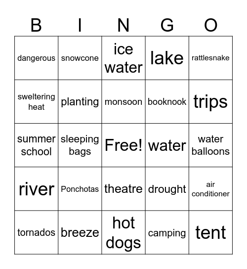 Summer Words Bingo Card