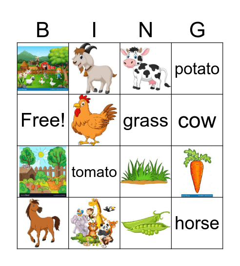 farm images and word Bingo Card
