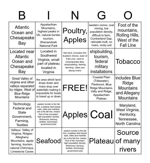 Virginia Studies 2 Bingo Card