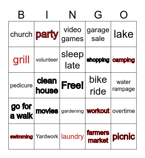 Weekend Plans Bingo Card