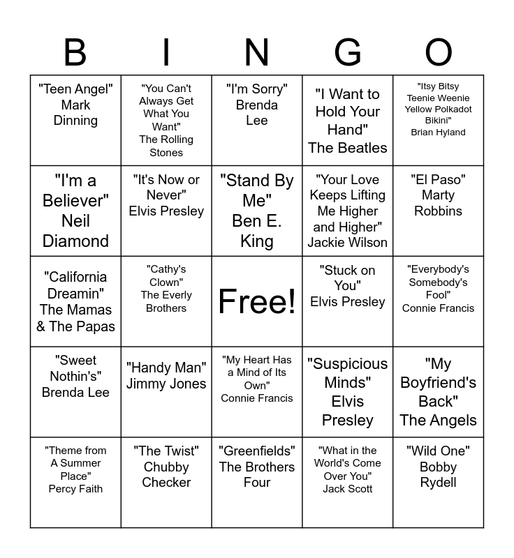 60s Music Bingo Card
