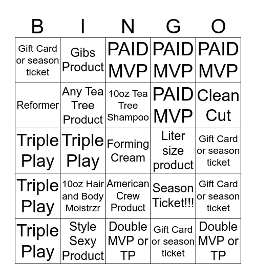 SportClips Bingo Card