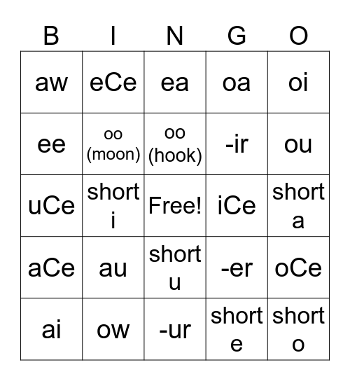Vowel Teams Bingo Card