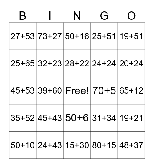 sums less than 100 Bingo Card