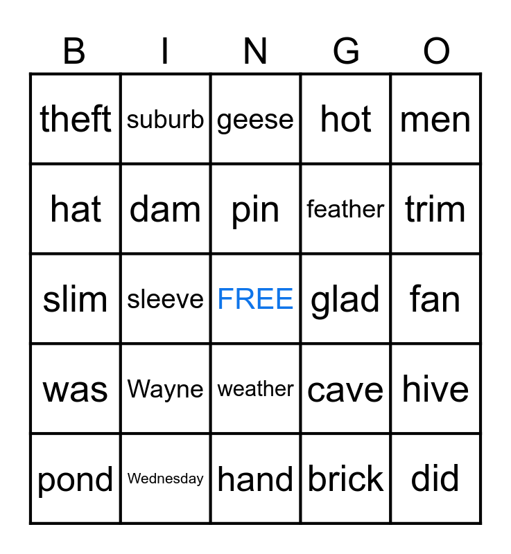 CONSONANT WORD BINGO Card