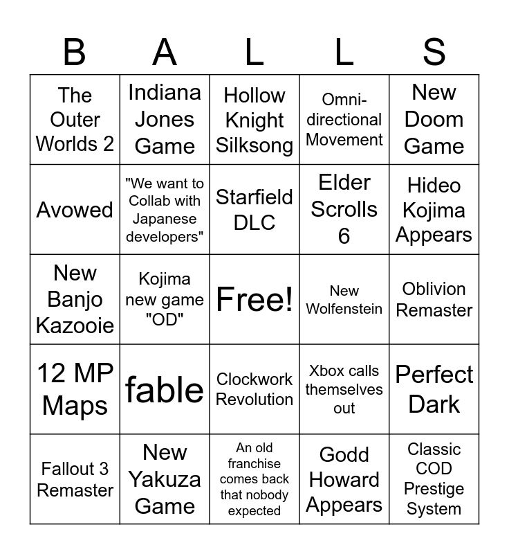 Xbox & COD Showcase Bingo Card