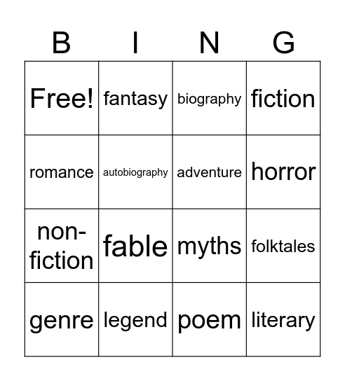 Literary genres Bingo Card