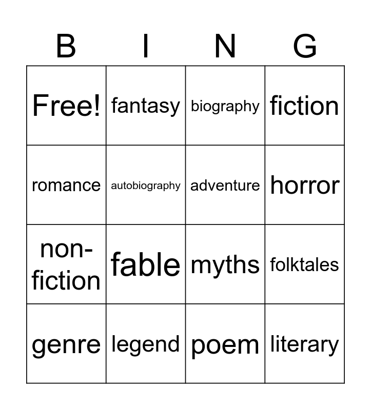 Literary genres Bingo Card