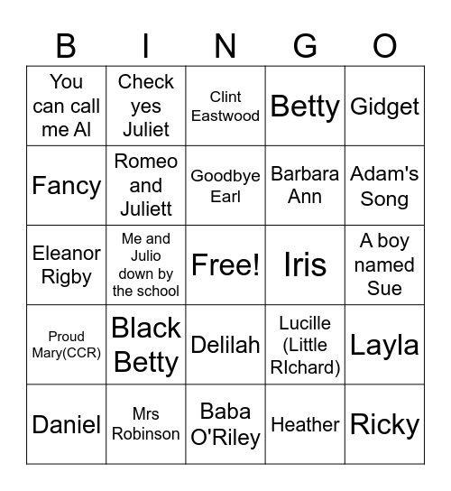 Songs with names in title Bingo Card