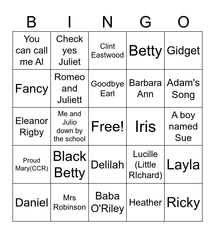 Songs with names in title Bingo Card