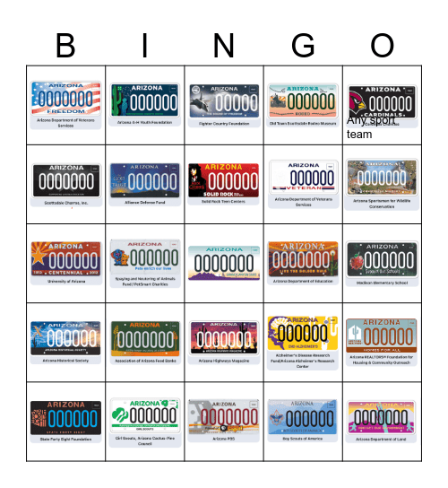Arizona License Plate Bingo Card