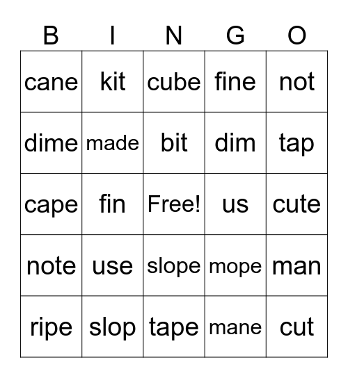 CVC to CVCe Bingo Card