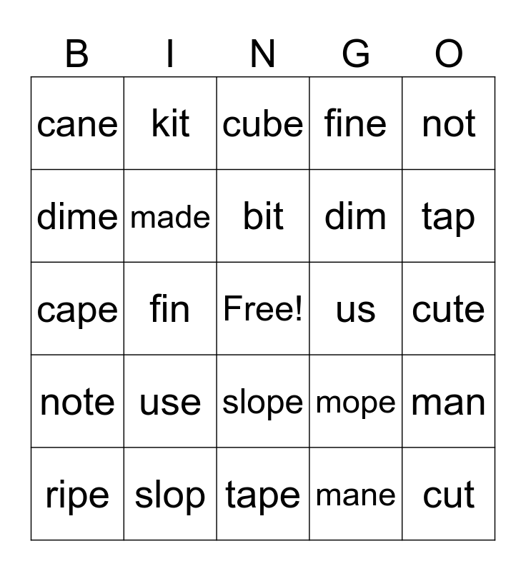 CVC to CVCe Bingo Card