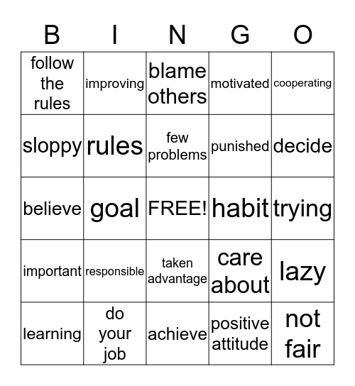 BEING RESPONSIBLE Bingo Card
