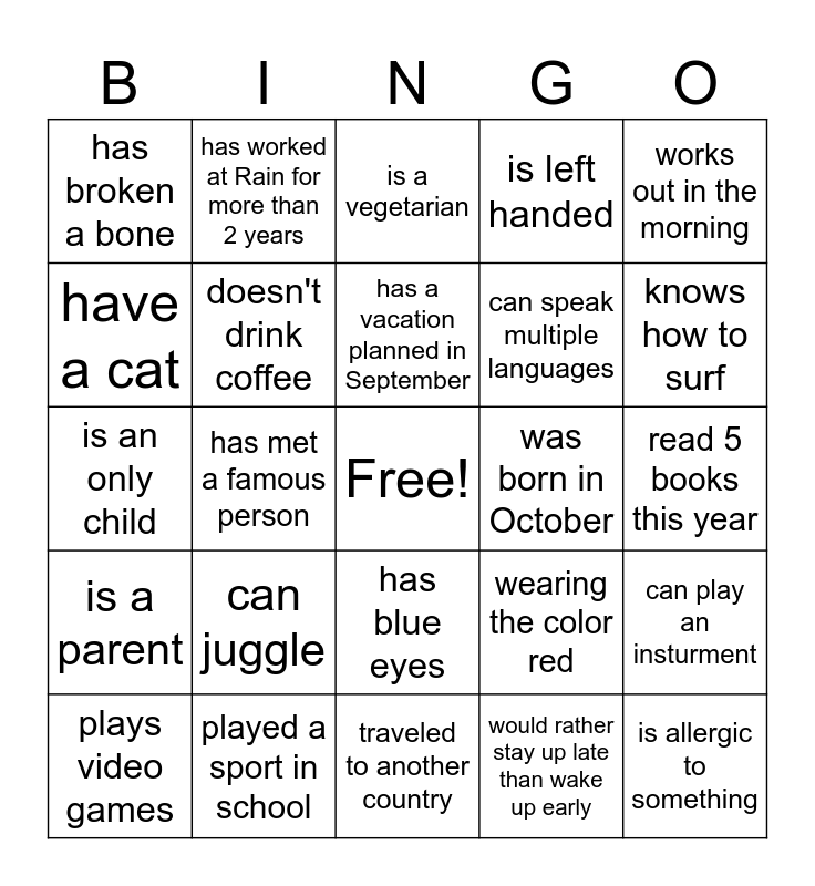 Rain Bingo! Bingo Card