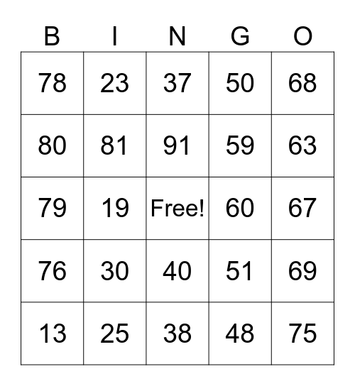 Number Bingo 1-75 Bingo Card