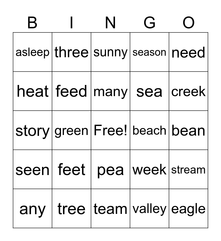 Long 'E' Sound Bingo Card