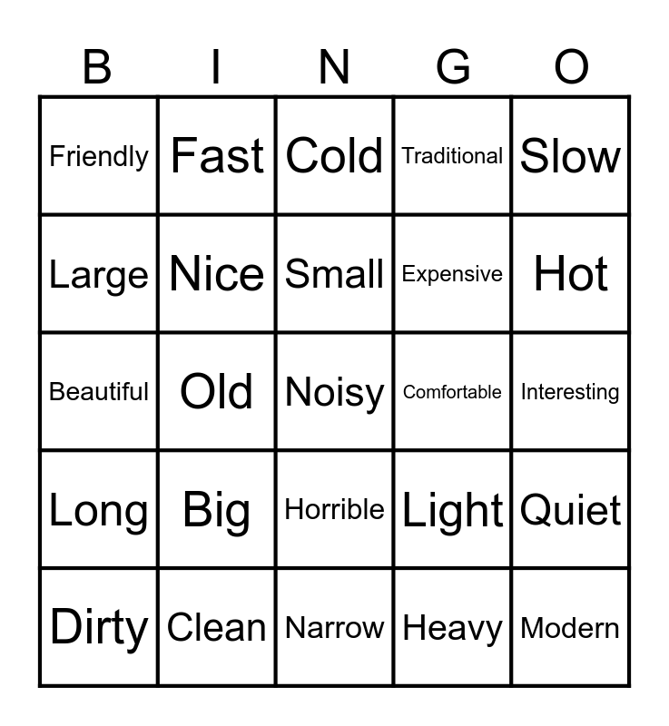 Comparative adjectives Bingo Card