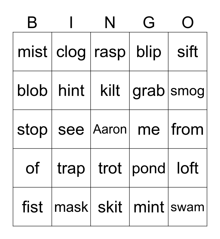 Short a,i,o blends Bingo Card