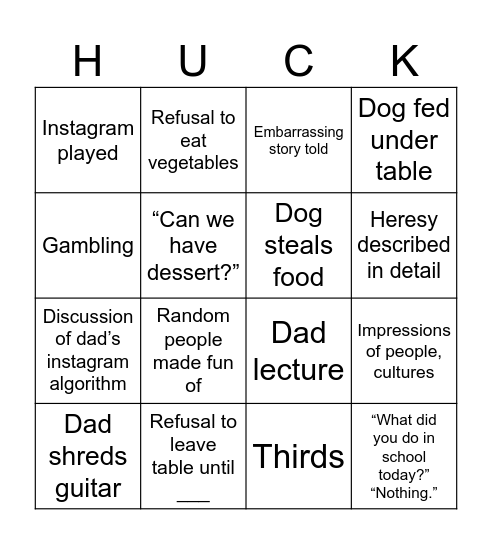 Family Dinner Bingo Card