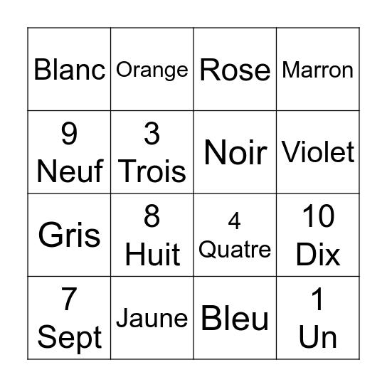 Couleur et Chiffres Bingo Card
