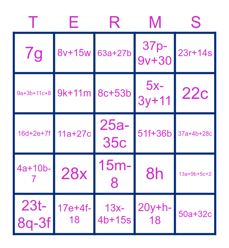 Combining Like Terms BINGO!! Bingo Card