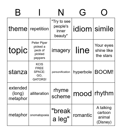 Poetry Bingo Card