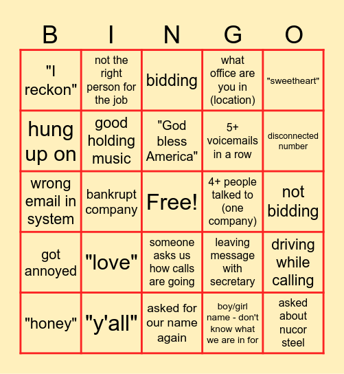 calling subs Bingo Card