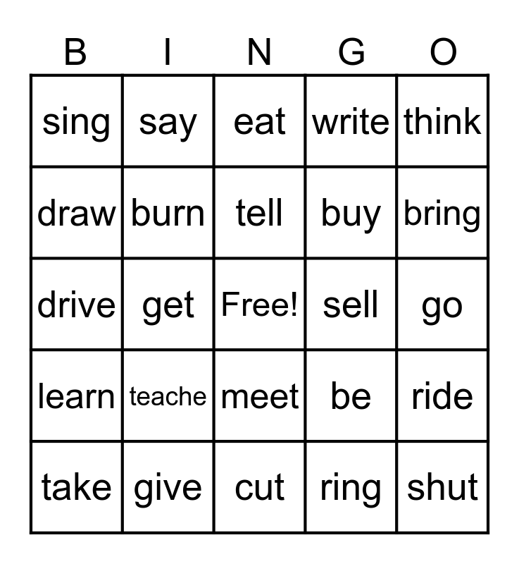 Irregular Verbs Bingo Card