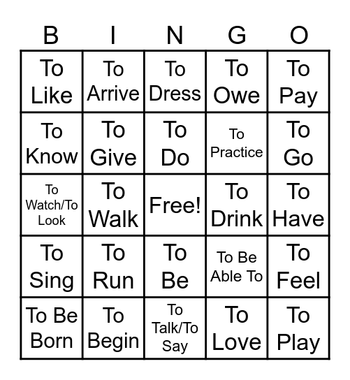Verb Bingo 1 Bingo Card