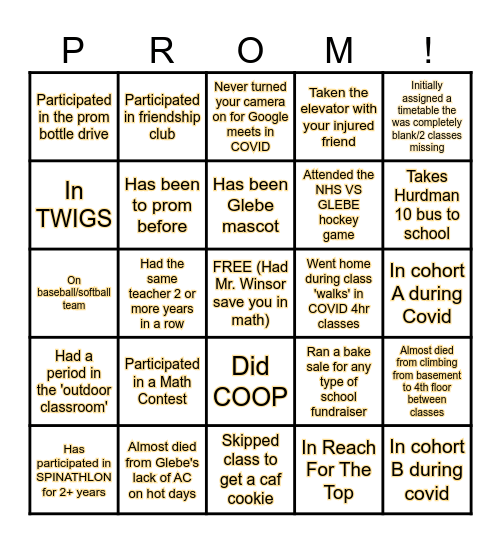 Glebe 24K Prom Bingo Card
