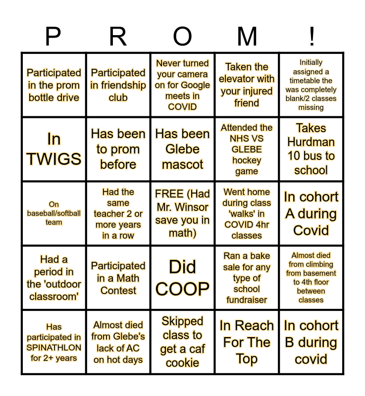 Glebe 24K Prom Bingo Card