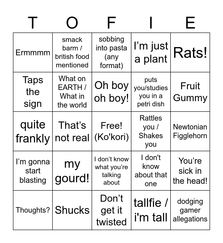 Tofie Bingo Card
