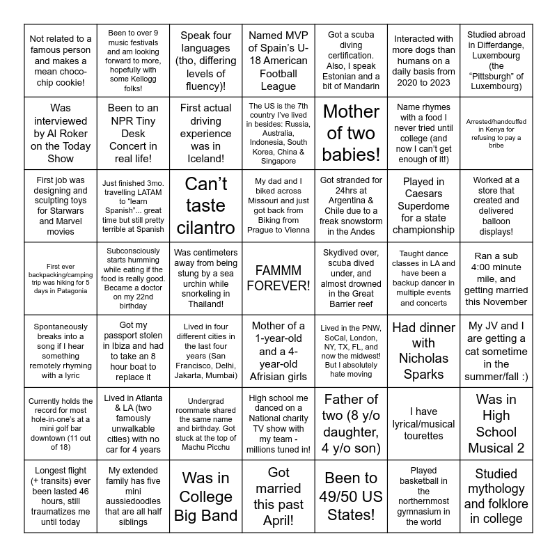 FAMMM Class of 2026 Bingo Card