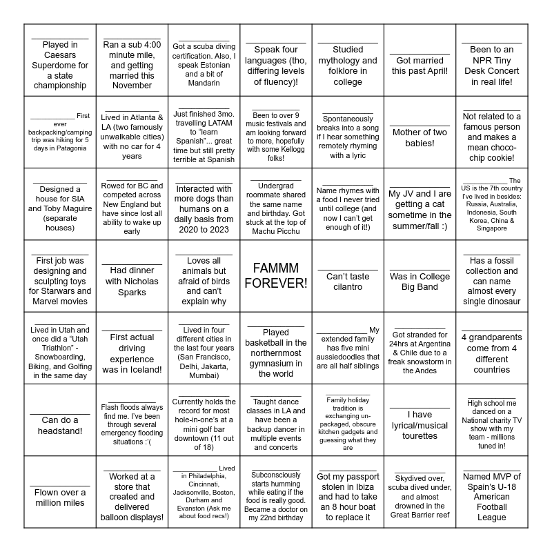 FAMMM Class of 2026 Bingo Card