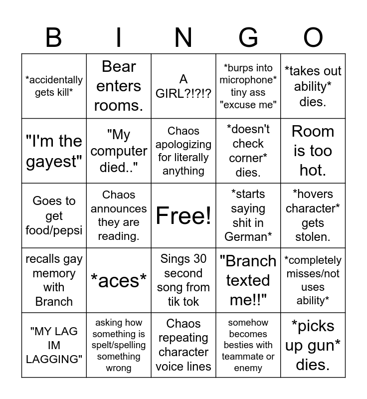 Chaos Bingo Card