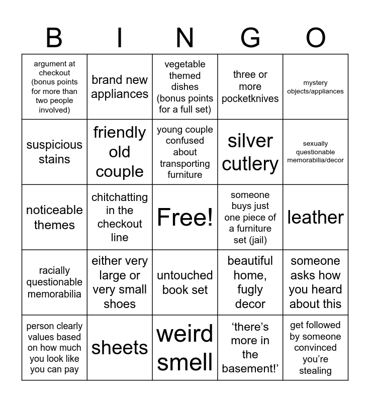 estate sale bingo Card