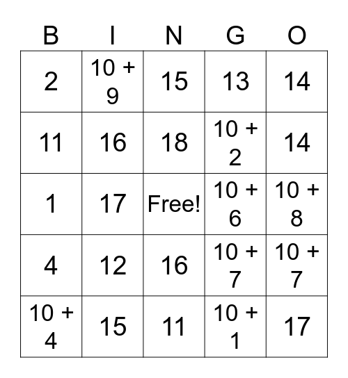 Number Combinations to 20 Bingo Card